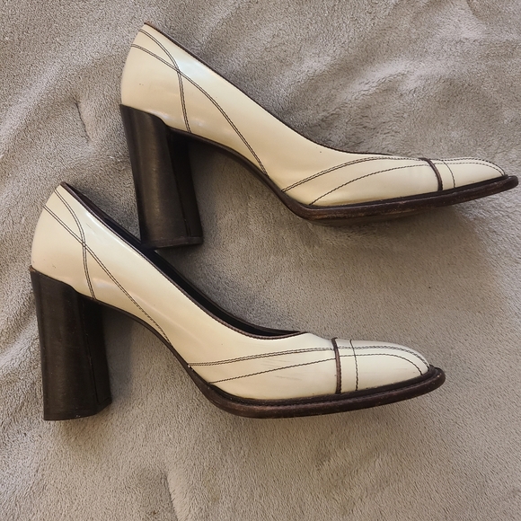 Prada | Shoes | Prada Block Heels Cream With Brown Stiching 385 | Poshmark